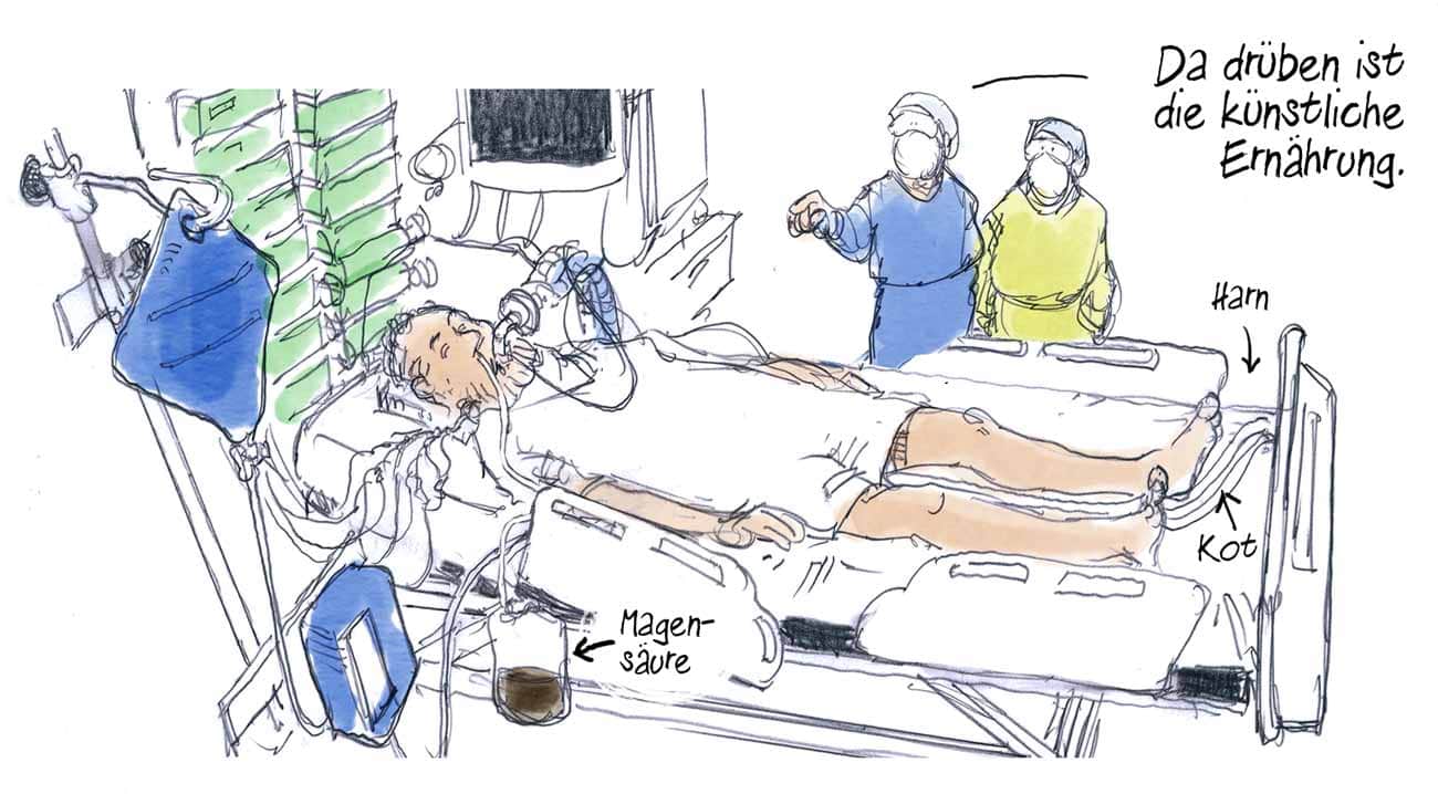 Ein Karikaturist zeichnet aus der Intensivstation