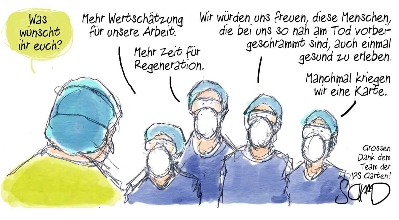 Ein Karikaturist zeichnet aus der Intensivstation